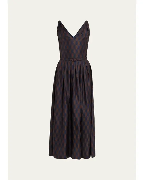 Oscar De La Renta Sleeveless Argyle Silk Belted Midi Dress - Navy/brown