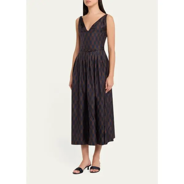 Oscar De La Renta Sleeveless Argyle Silk Belted Midi Dress