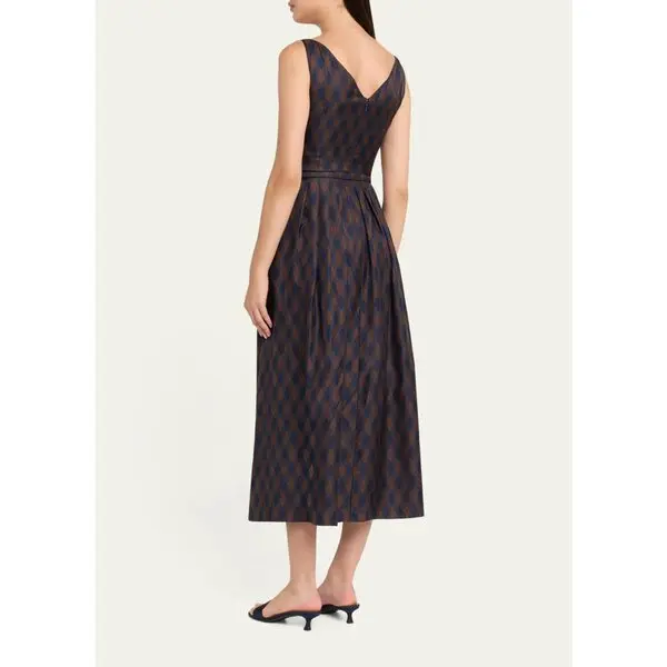 Oscar De La Renta Sleeveless Argyle Silk Belted Midi Dress