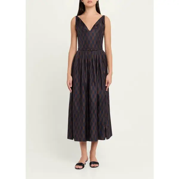 Oscar De La Renta Sleeveless Argyle Silk Belted Midi Dress