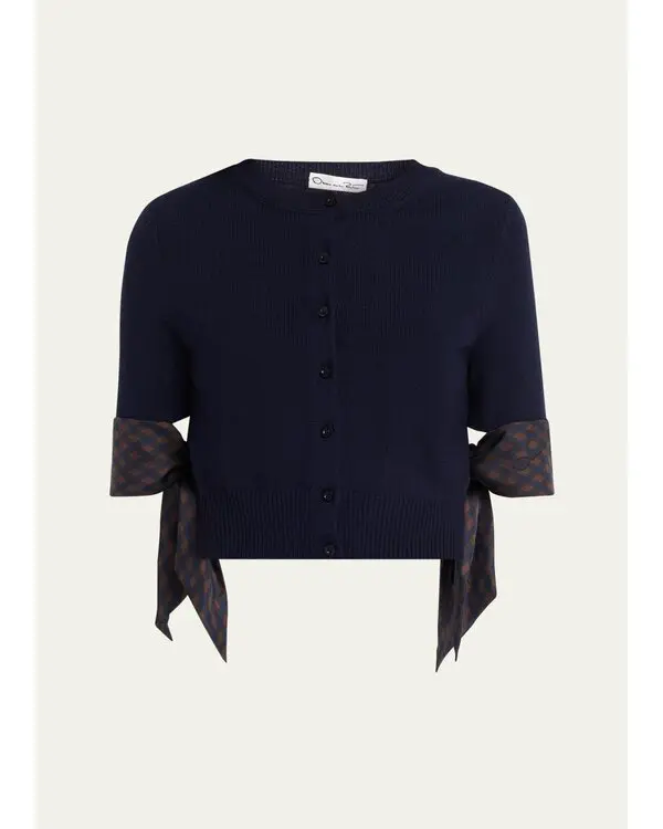 Oscar De La Renta Argyle Silk Cuffs Crop Crewneck Cardigan