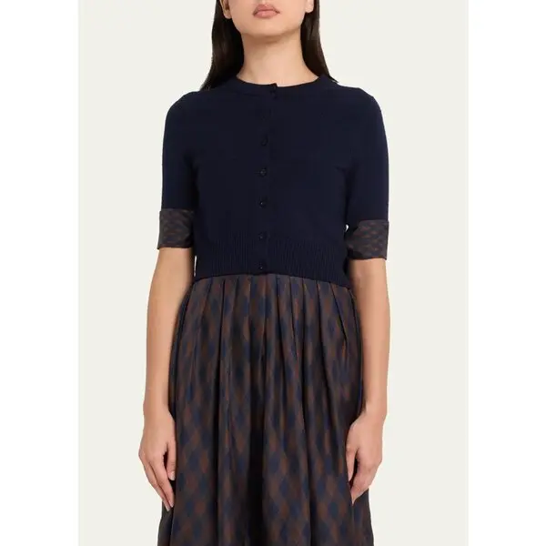 Oscar De La Renta Argyle Silk Cuffs Crop Crewneck Cardigan