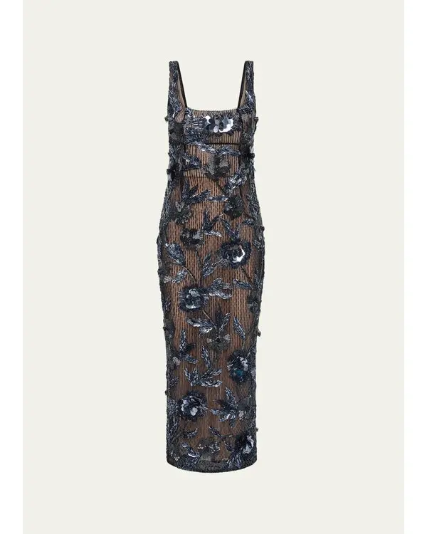 Rachel Gilbert Pierre Strap Beaded Column Midi Dress