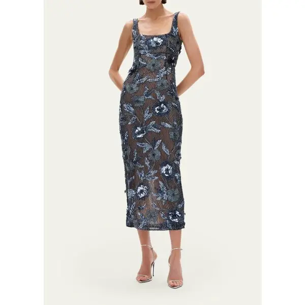 Rachel Gilbert Pierre Strap Beaded Column Midi Dress
