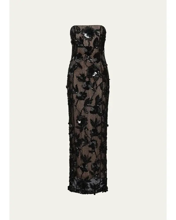 Rachel Gilbert Pierre Strapless Embroidered Tulle Column Gown