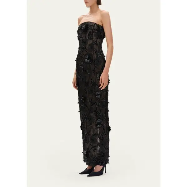 Rachel Gilbert Pierre Strapless Embroidered Tulle Column Gown