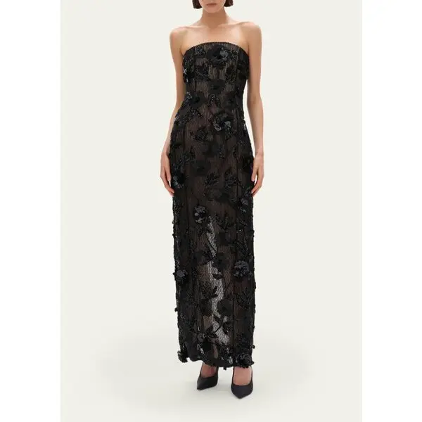 Rachel Gilbert Pierre Strapless Embroidered Tulle Column Gown