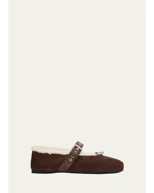 Miu Miu Shearling-lined Suede Mary Jane Ballerina Flats