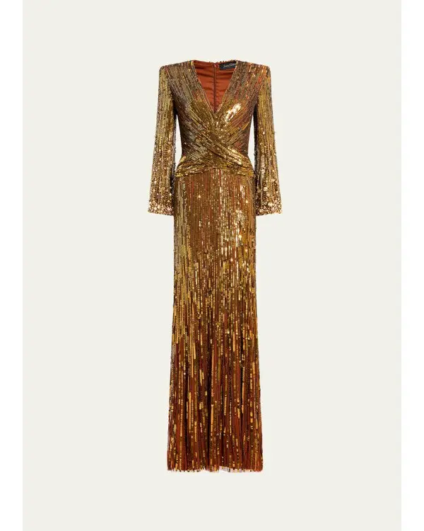 Jenny Packham Cosmos Long-sleeve V-neck Sequin Gown