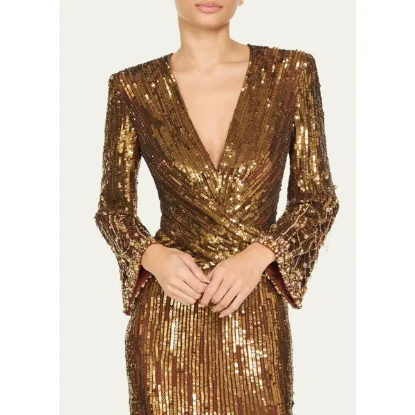 Jenny Packham Cosmos Long-sleeve V-neck Sequin Gown