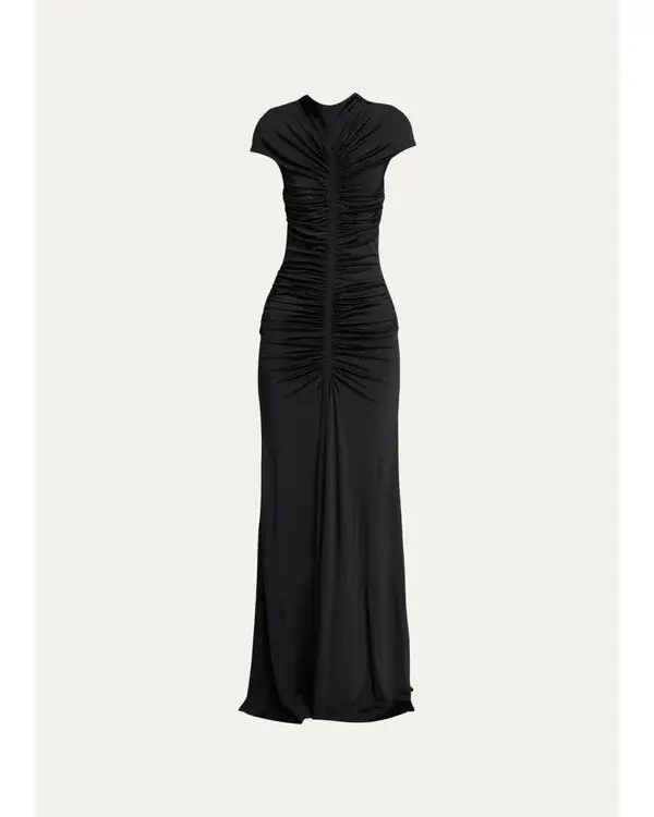 Giorgio Armani Ruched Cap-sleeve Rhinestone Gown - Black