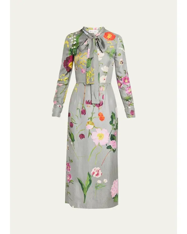 Oscar De La Renta Long-sleeve Mixed Botanical Silk Scarf-neck Midi Dress - Grey Multi