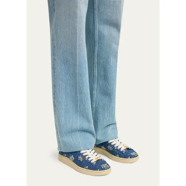 Valentino Garavani Floral Embroidered Denim Low-top Sneakers
