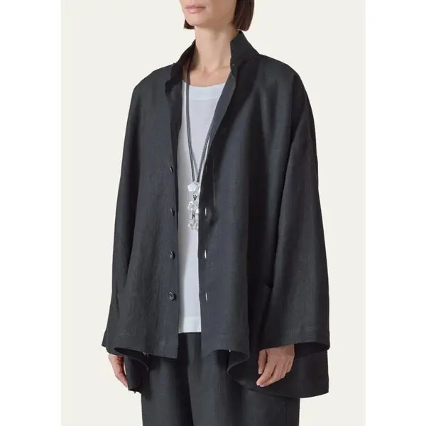 Eskandar Heavyweight Linen Angle-to-front Double Stand Collar Jacket Long Length