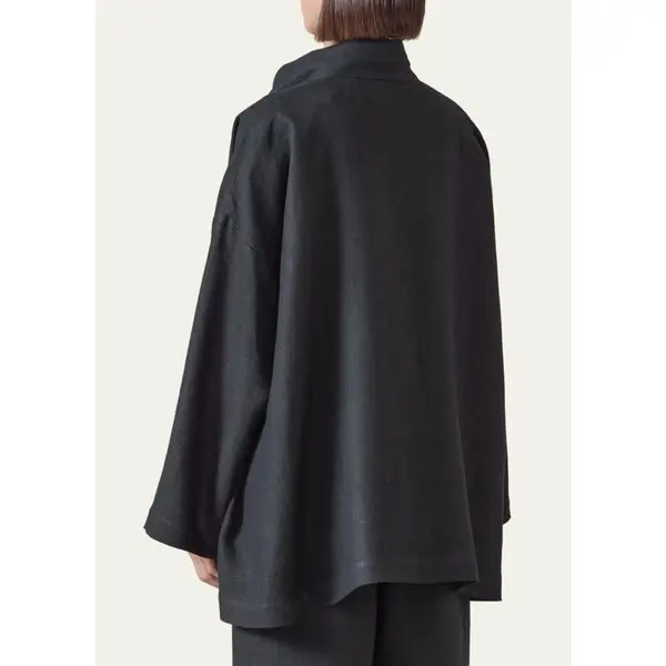 Eskandar Heavyweight Linen Angle-to-front Double Stand Collar Jacket Long Length