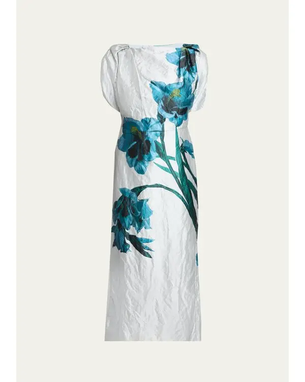 Erdem Floral Textured Satin Twisted-shoulder Midi Dress - Blue
