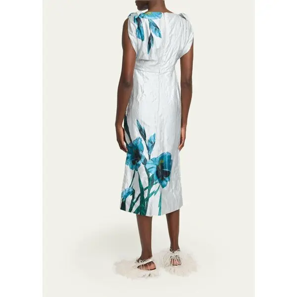 Erdem Floral Textured Satin Twisted-shoulder Midi Dress - Blue