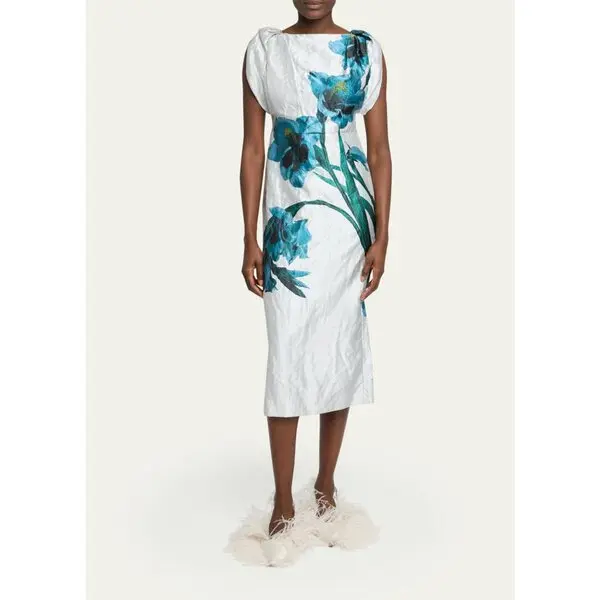 Erdem Floral Textured Satin Twisted-shoulder Midi Dress - Blue
