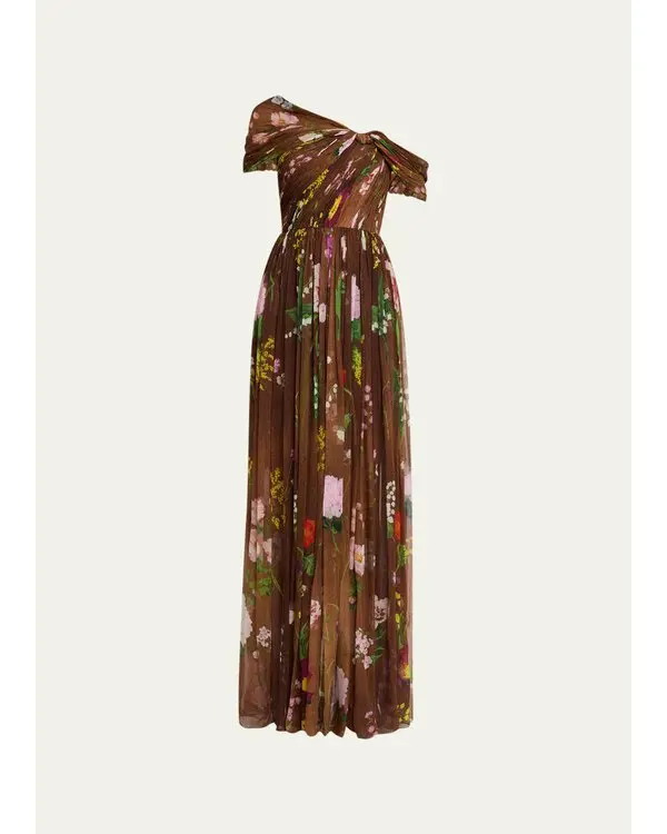 Oscar De La Renta One-shoulder Mixed Botanical Silk Chiffon Gown - Brown Multi