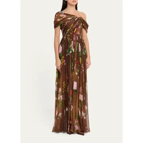 Oscar De La Renta One-shoulder Mixed Botanical Silk Chiffon Gown