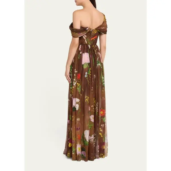 Oscar De La Renta One-shoulder Mixed Botanical Silk Chiffon Gown