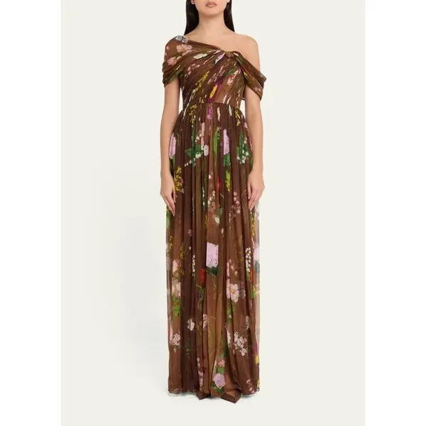 Oscar De La Renta One-shoulder Mixed Botanical Silk Chiffon Gown