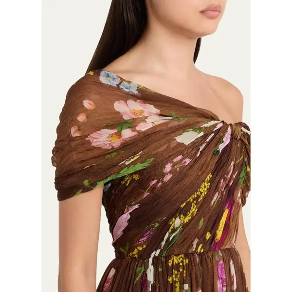 Oscar De La Renta One-shoulder Mixed Botanical Silk Chiffon Gown