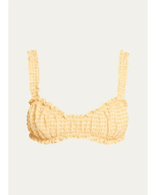 Simkhai Evander Ruched Gingham Seersucker Bikini Top - Mango Multi