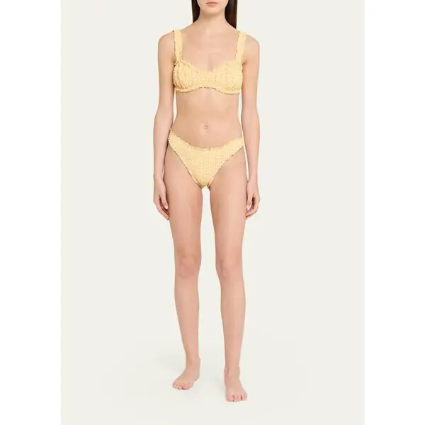 Simkhai Evander Ruched Gingham Seersucker Bikini Top - Mango Multi