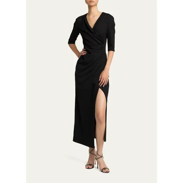 Giorgio Armani Elbow-sleeve Draped Crepe Slit Midi Dress