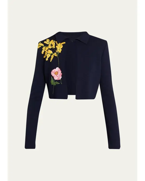 Oscar De La Renta Floral Embroidered Wool Crop Collared Cardigan - Navy
