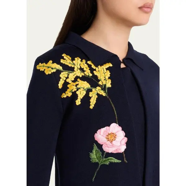 Oscar De La Renta Floral Embroidered Wool Crop Collared Cardigan