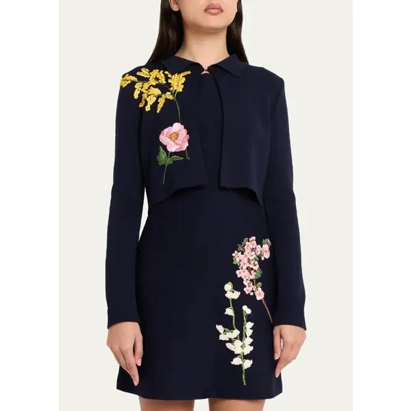 Oscar De La Renta Floral Embroidered Wool Crop Collared Cardigan