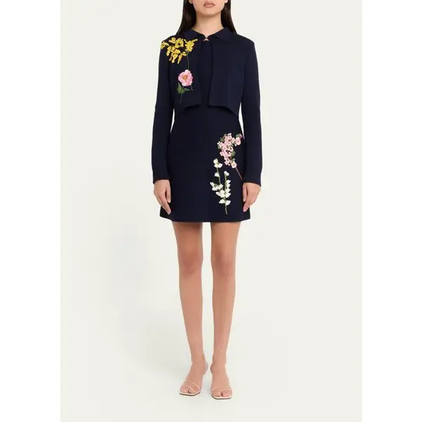 Oscar De La Renta Floral Embroidered Wool Crop Collared Cardigan