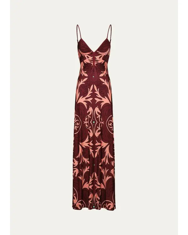 Johanna Ortiz Nuestra Tierra Ruched V-neck Sleeveless Maxi Dress - Wine