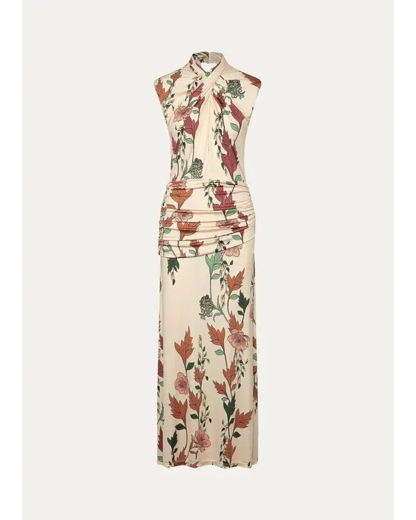 Johanna Ortiz Hibiscus Compass Crisscross Ruched Ankle Dress - Ecru Multi