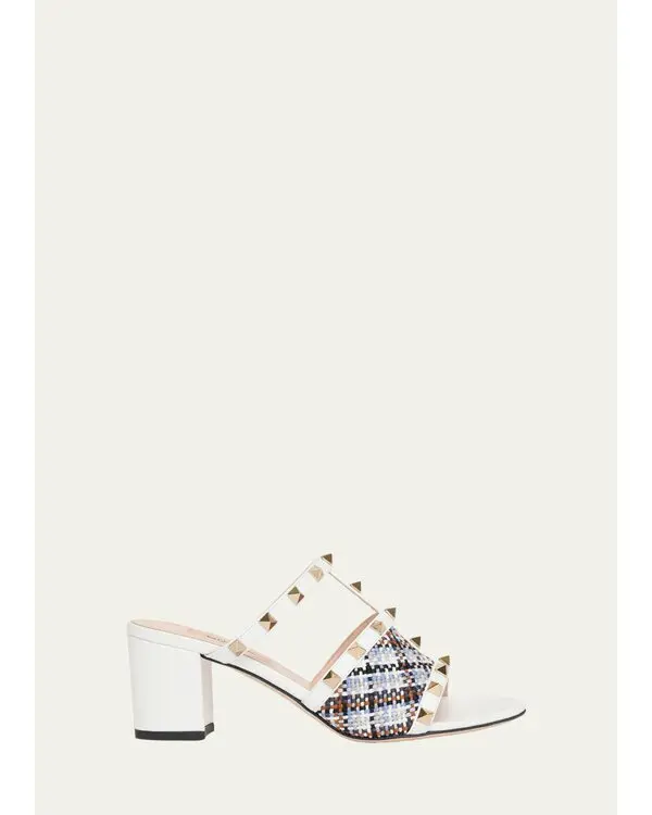 Valentino Garavani 60mm Rockstud Leather Block-heel Mules - White/azure