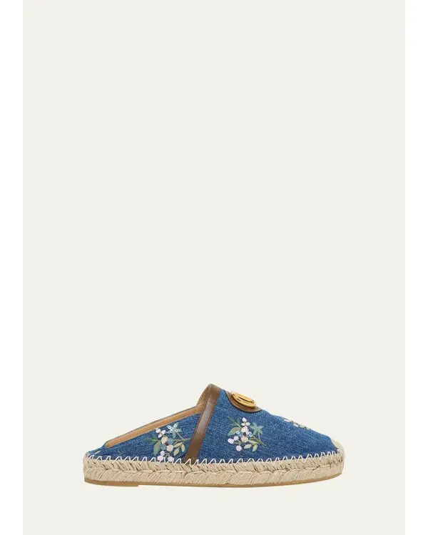Valentino Garavani Vlogo Floral-embroidered Denim Espadrille Mules - Denim Multi