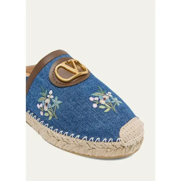 Valentino Garavani Vlogo Floral-embroidered Denim Espadrille Mules - Denim Multi