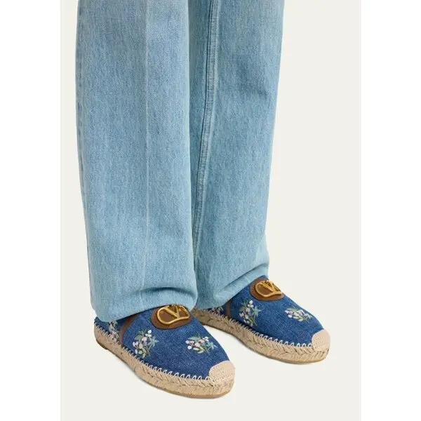 Valentino Garavani Vlogo Floral-embroidered Denim Espadrille Mules - Denim Multi