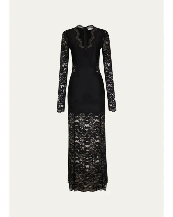 Rabanne Long-sleeve Stretch Lace Jersey Maxi Dress - Black