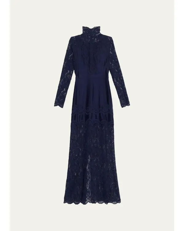 Rabanne Long-sleeve Stretch Lace Jersey Maxi Dress - Deep Navy
