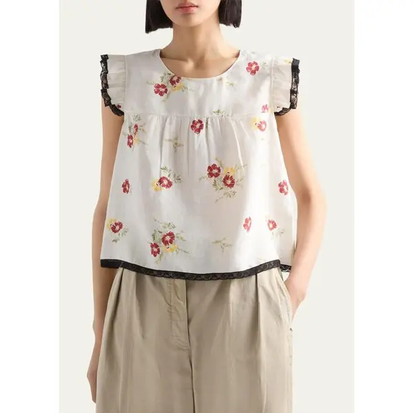 Prada Floral Linen Top - Ruby