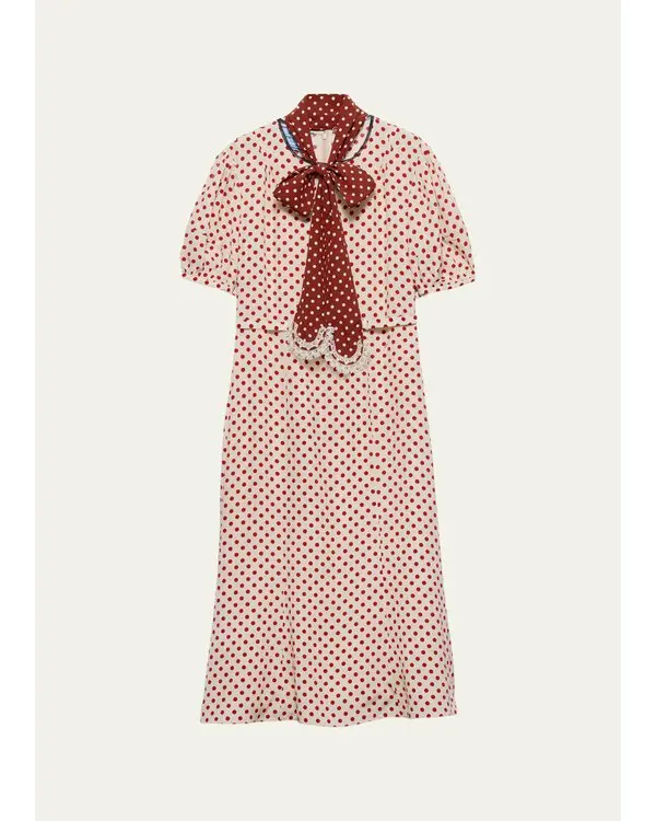 Prada Polka-dot Silk Puff-sleeve Midi Dress - Sable