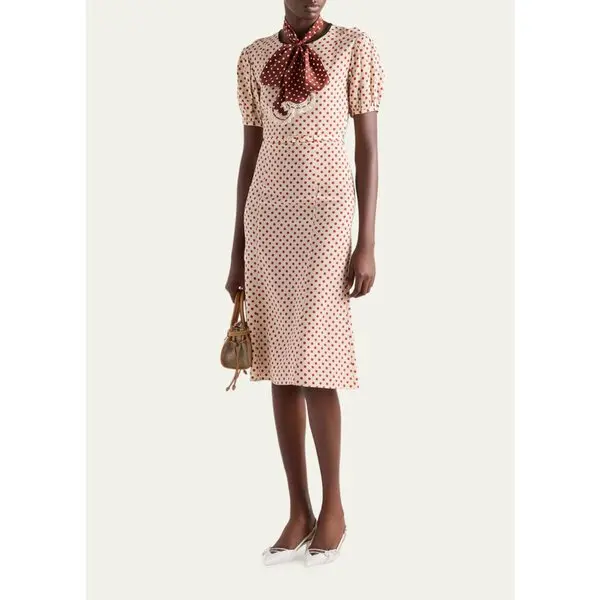 Prada Polka-dot Silk Puff-sleeve Midi Dress