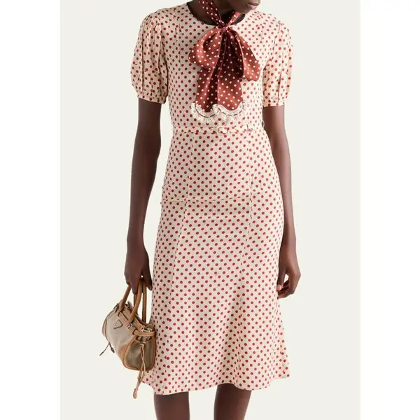 Prada Polka-dot Silk Puff-sleeve Midi Dress