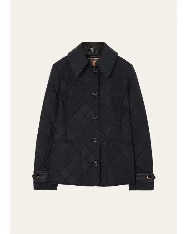 Burberry Fernleigh Leather-collar Check Quilted Jacket - Black