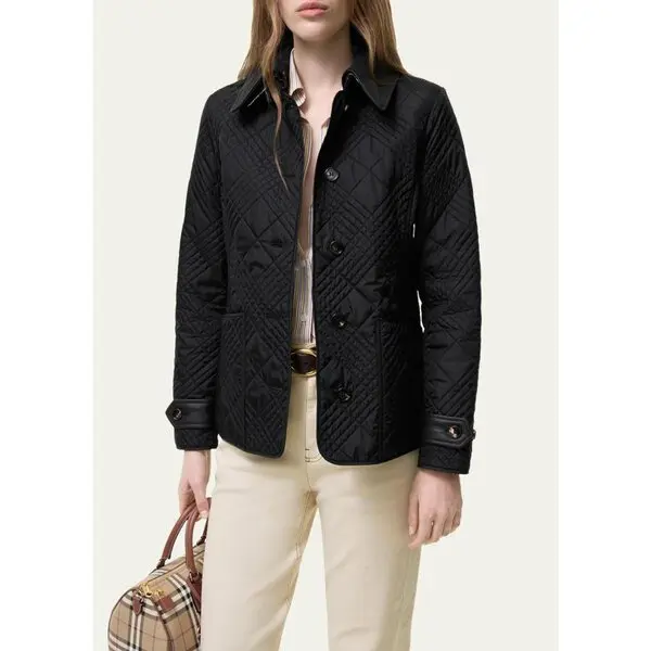 Burberry Fernleigh Leather-collar Check Quilted Jacket