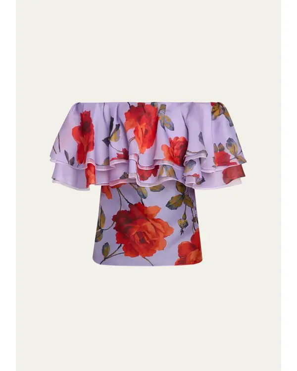 Carolina Herrera Rose Chiffon Off-the-shoulder Ruffle Top