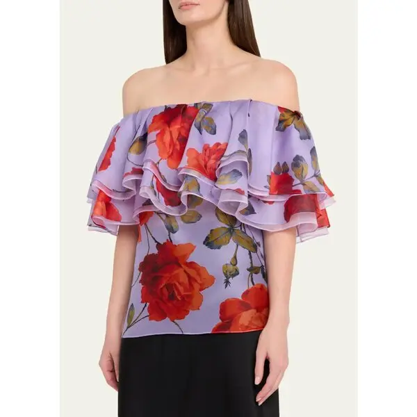 Carolina Herrera Rose Chiffon Off-the-shoulder Ruffle Top